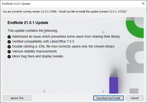 Q:endnote 21 のアップデート履歴(windows/macintosh) Endnote(文献管理、論文作成)