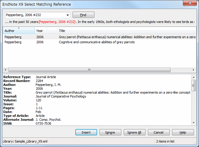 Q:word で Endnote を利用しているときに「endnote Select Matching Reference」という画面が表示され、指定したスタイルの書式にならない