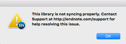 Q：同期（Sync）時に”This library is not syncing properly.”のエラーメッセージが表示される | EndNote（文献管理、論文作成）